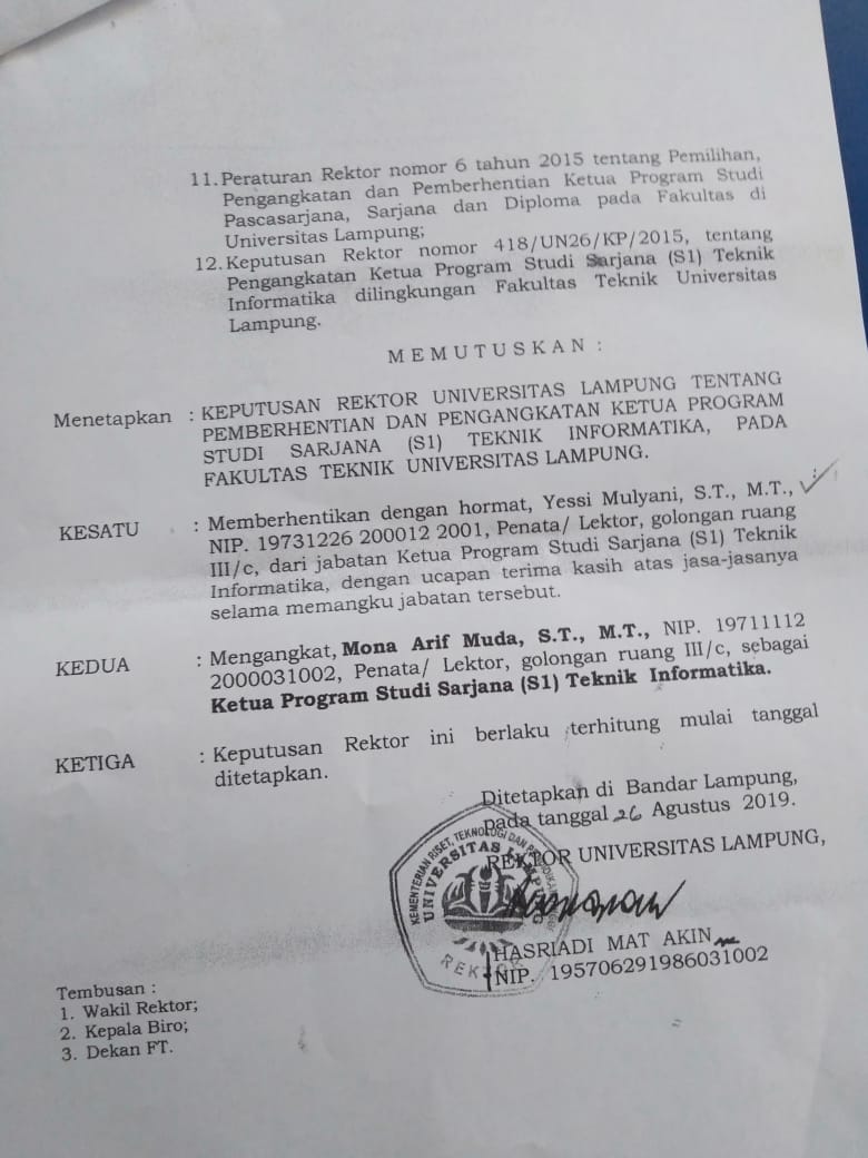 SK Ketua Program Studi Baru Teknik Informatika Periode 2019-2023 – Teknik Informatika ...